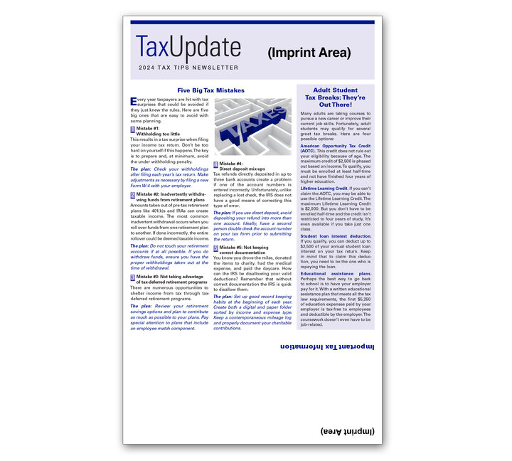 2024 Imprinted TAX TIPS Newsletter Self-Mailer - Item: #03-851