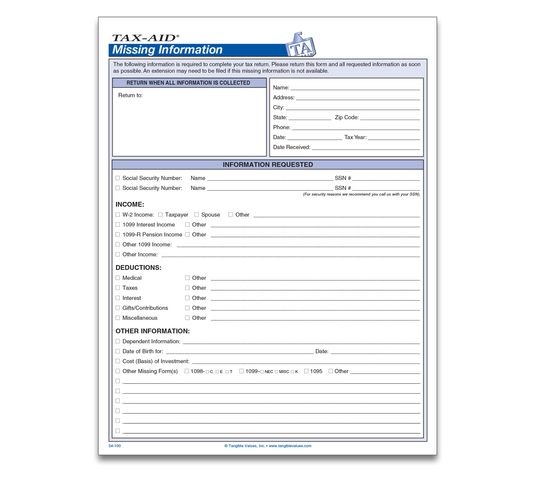 Missing Information PAD - Item: #34-100