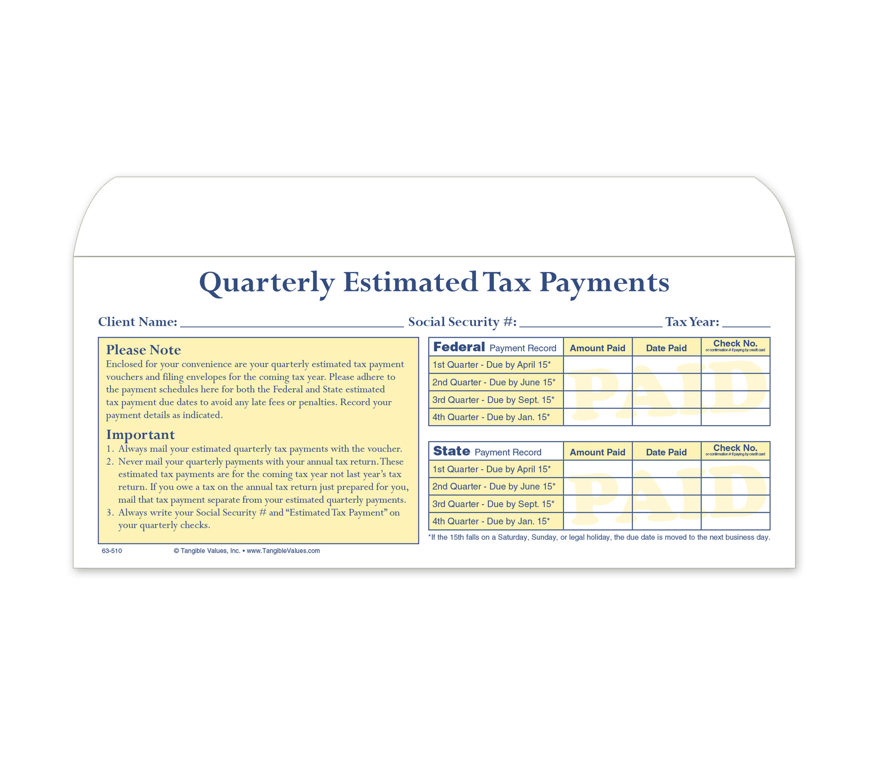 LARGE Qtrly Estimated Tax Env (50/pack) - Item: #63-510
