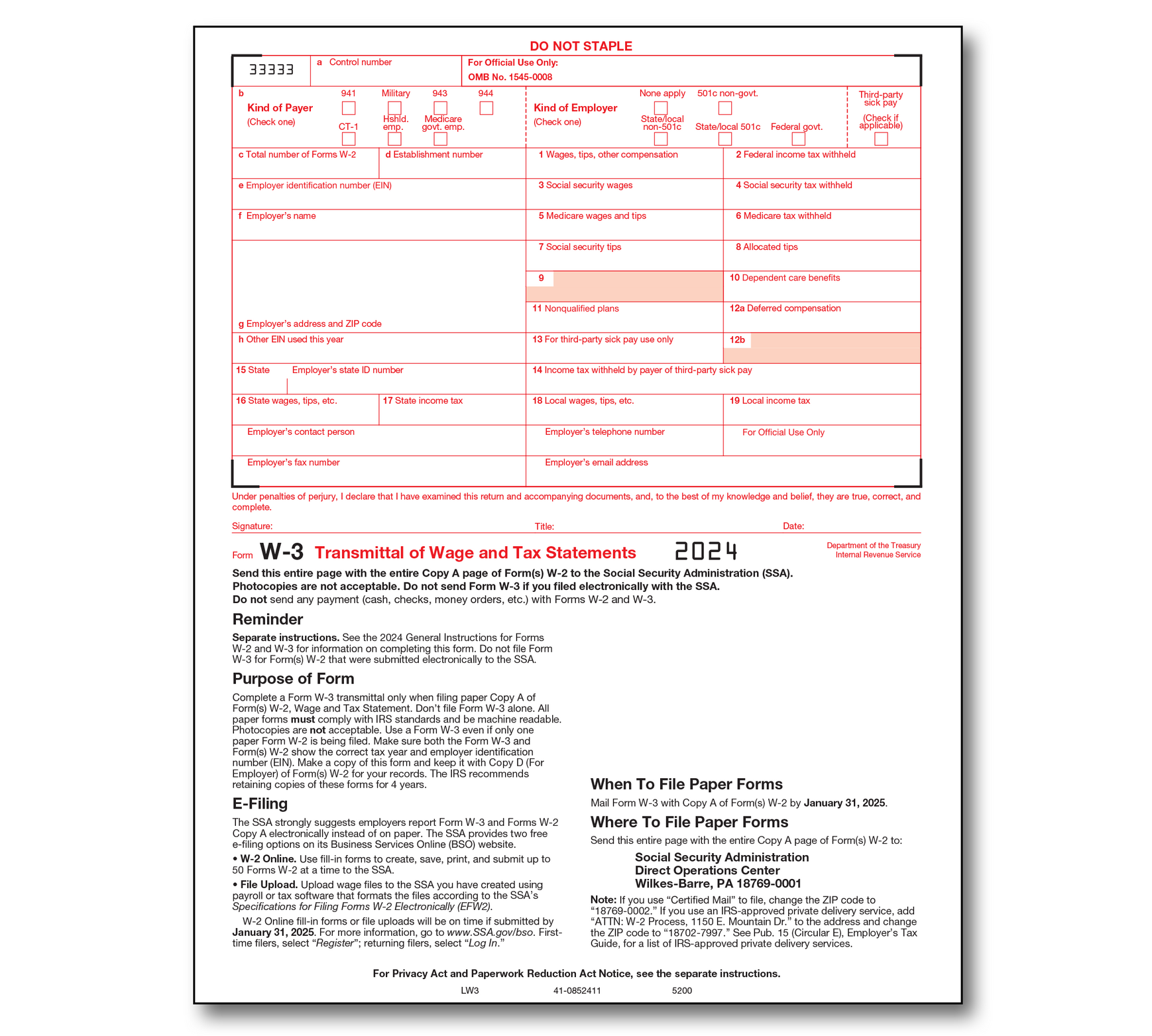 W-3 Laser Transmittal - Item: #82-5200